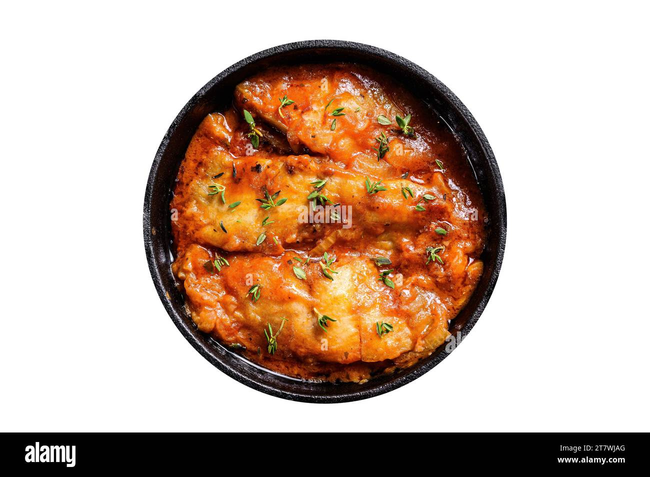 Baked halibut fish in a pan with tomato sauce. Isolated, white ...