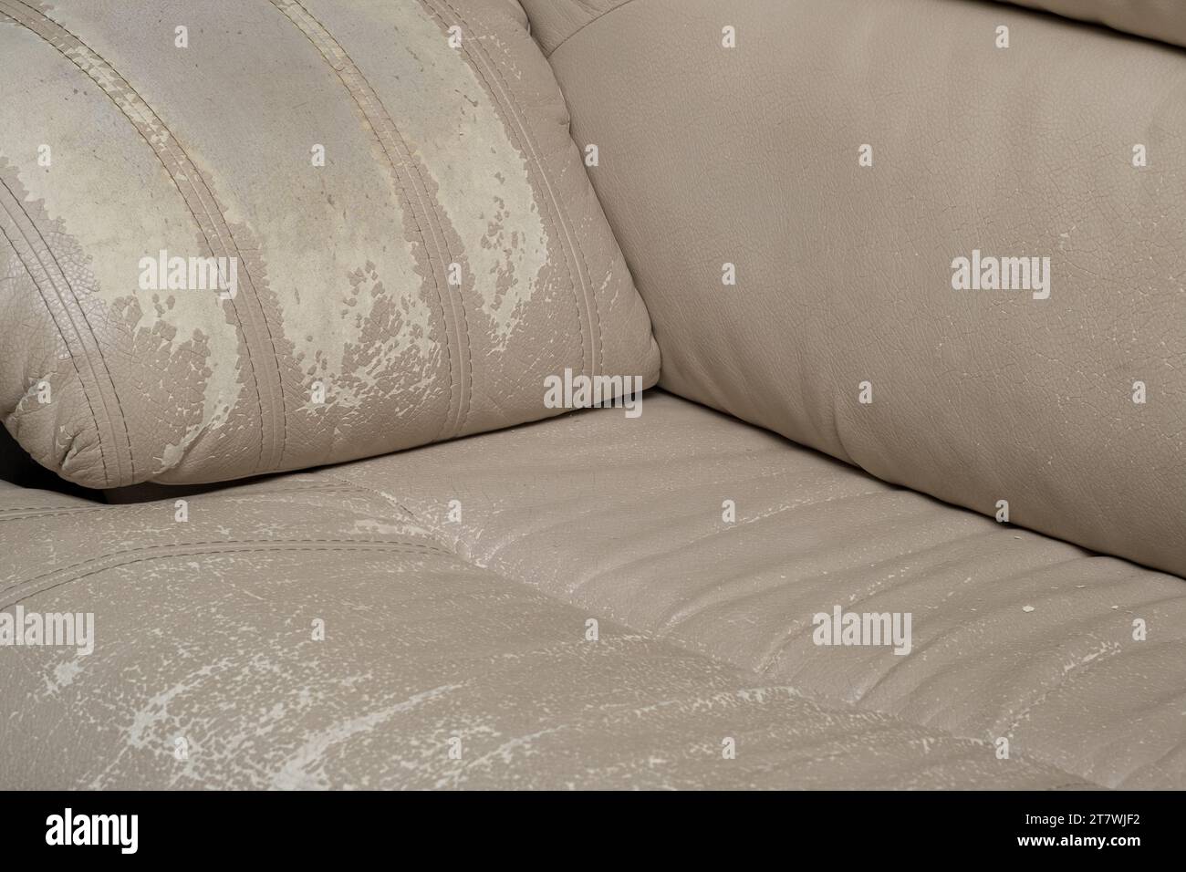 Defects on a white leather sofa. Damaged to leather furniture Stock ...