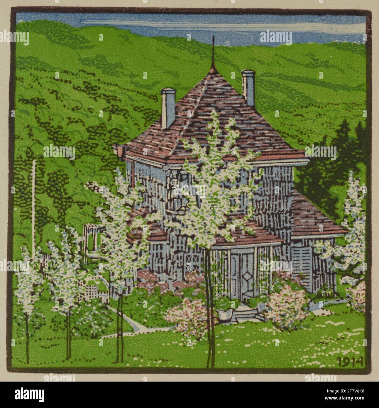 Rudolf Junk Country house. Colored woodcut 1914 , 1914 Stock Photo - Alamy