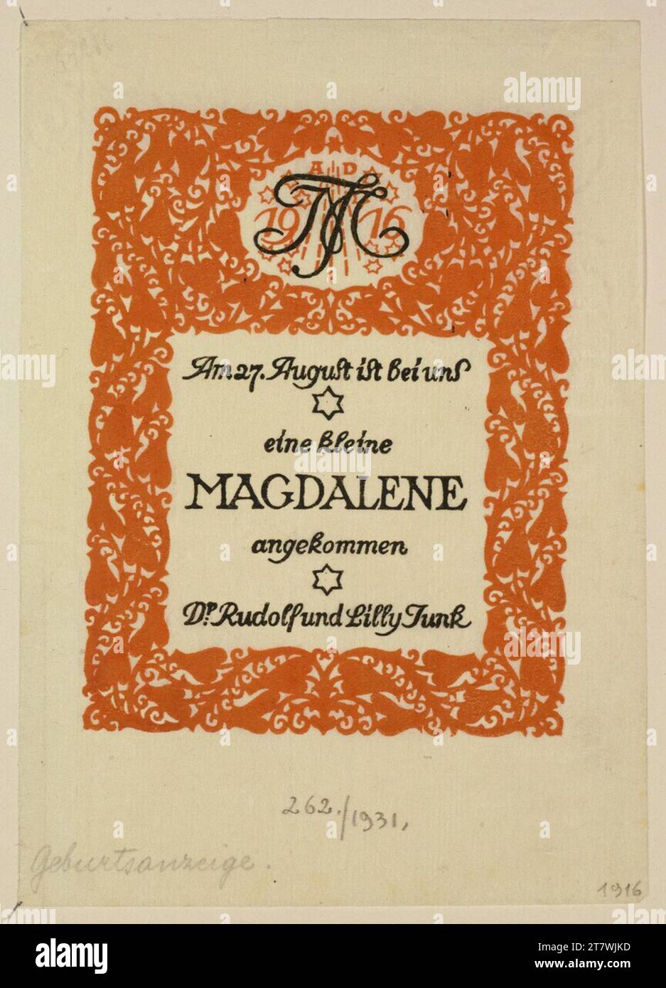 Rudolf Junk Birth notice Magdalene Junk. Colored woodcut 1916 , 1916 ...