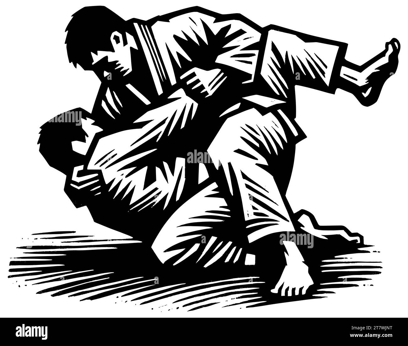 Judo Or Jiu Jitsu Practitioners In A Throw Captured In Dynamic Woodcut Style Stock Vector Image