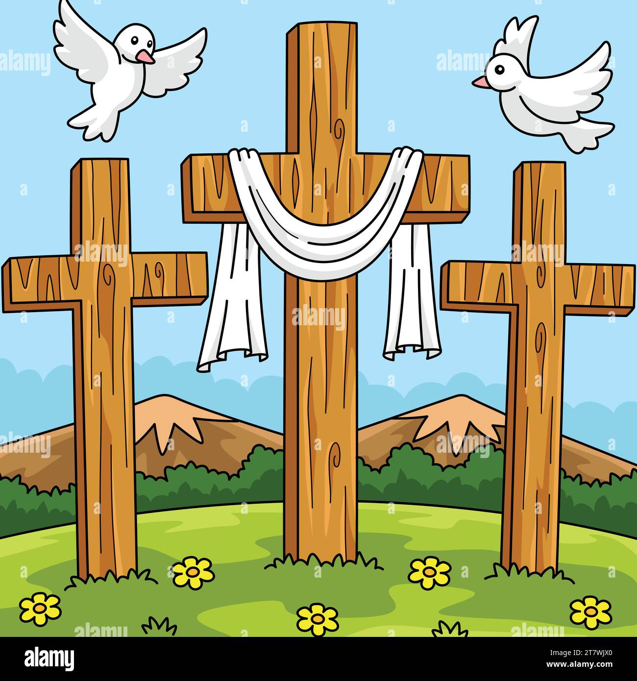 Christian Three Cross Colored Cartoon Illustration Stock Vector Image ...