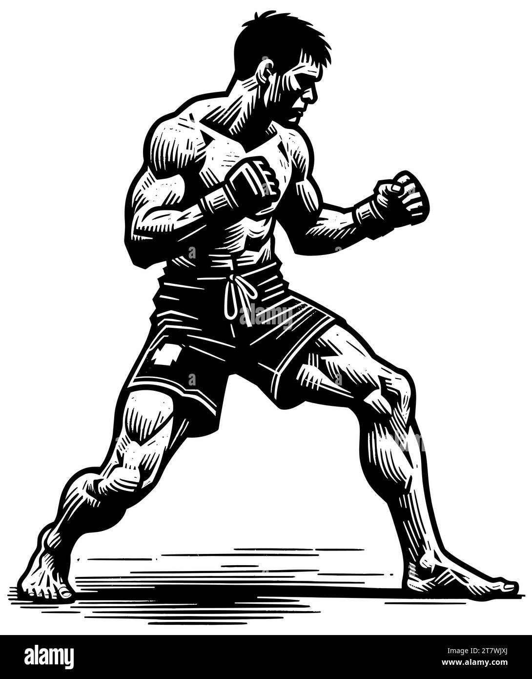 Mma Fighter In Guard Position Detailed Black And White Woodcut Print Stock Vector Image And Art