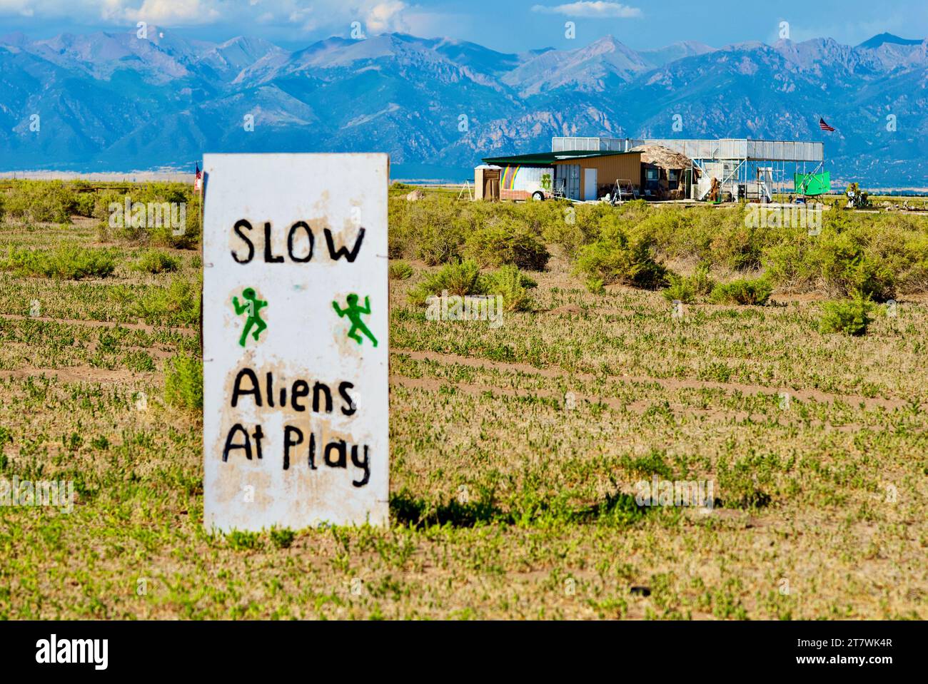 Hooper, Colorado, USA - July 21, 2023: An "alien" welcomes visitors to ...