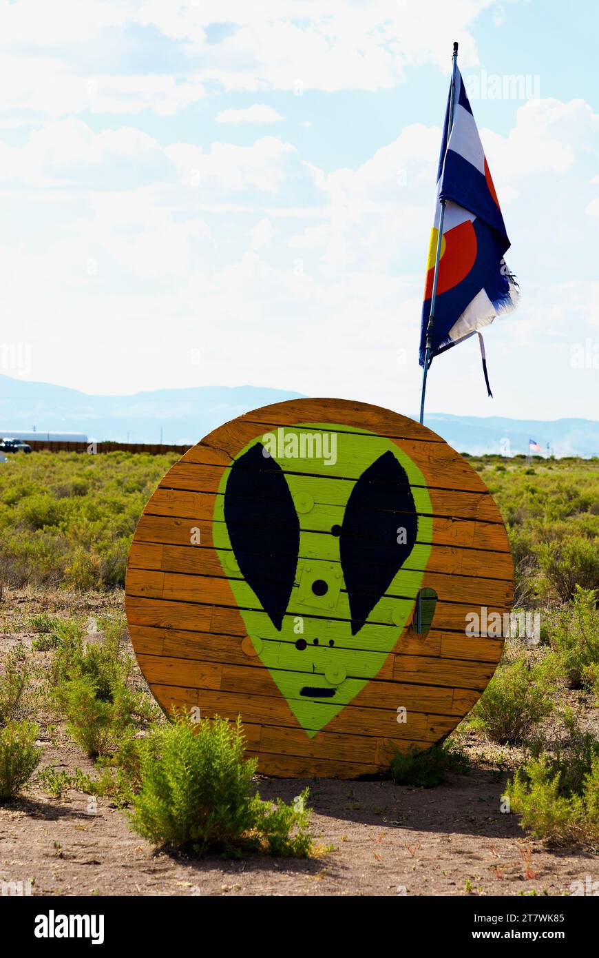 Hooper, Colorado, USA - July 21, 2023: An "alien" welcomes visitors to ...