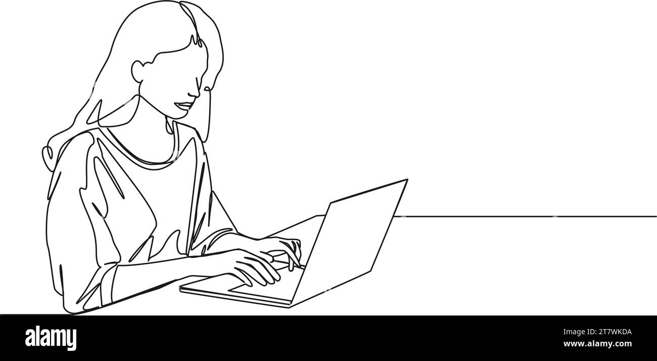 continuous single line drawing of woman with laptop computer, line art ...