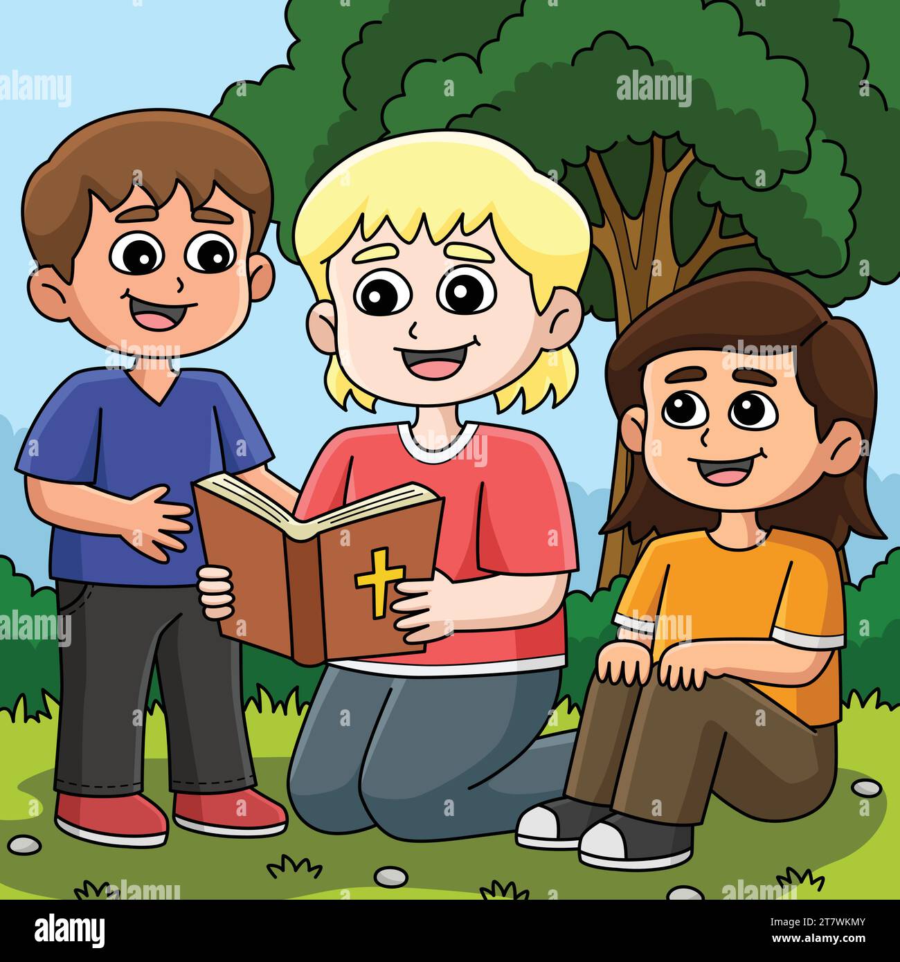 Christian Children Reading a Bible Colored Cartoon Stock Vector Image ...