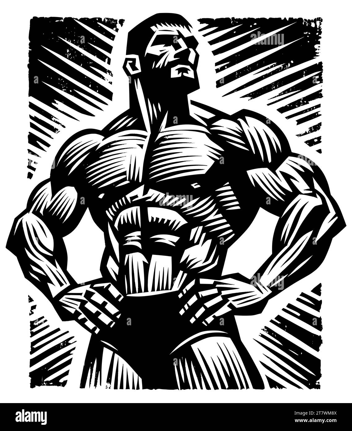 Muscular wrestler posing confidently, black and white linocut with ...