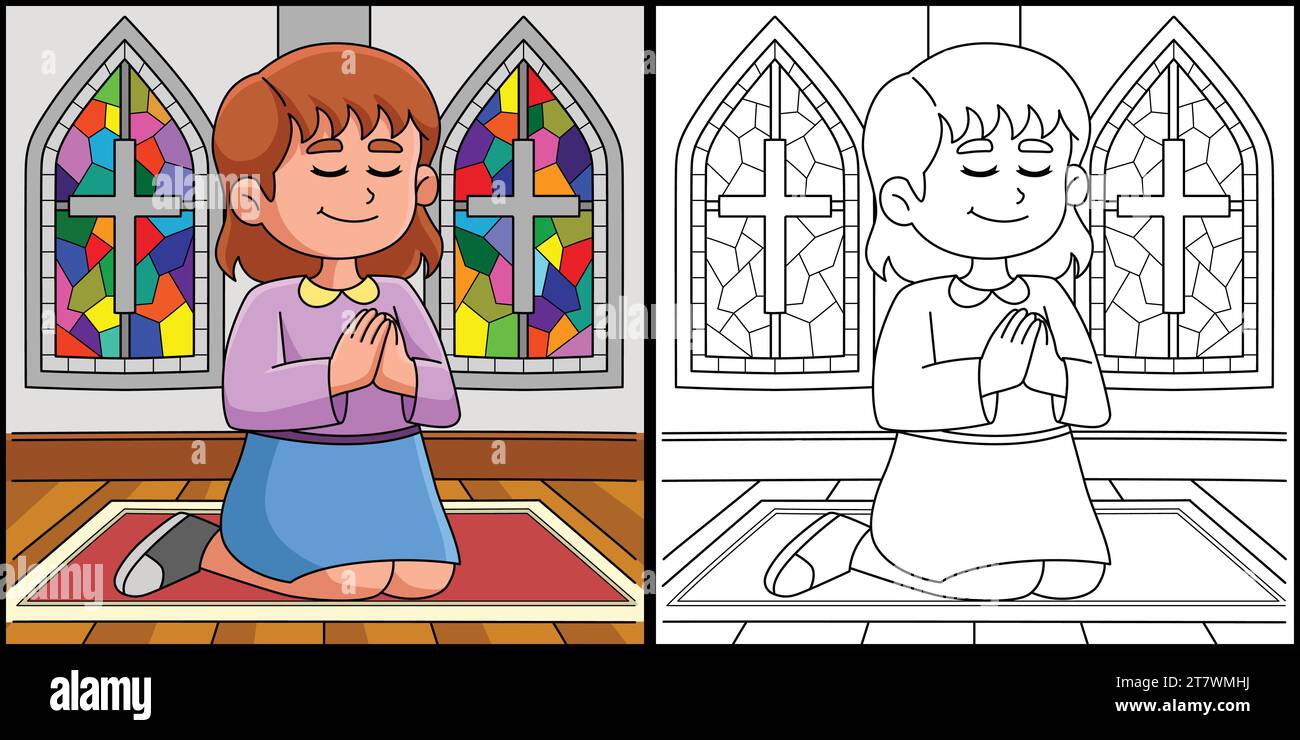 Christian Girl Praying Coloring Page Illustration Stock Vector Image ...