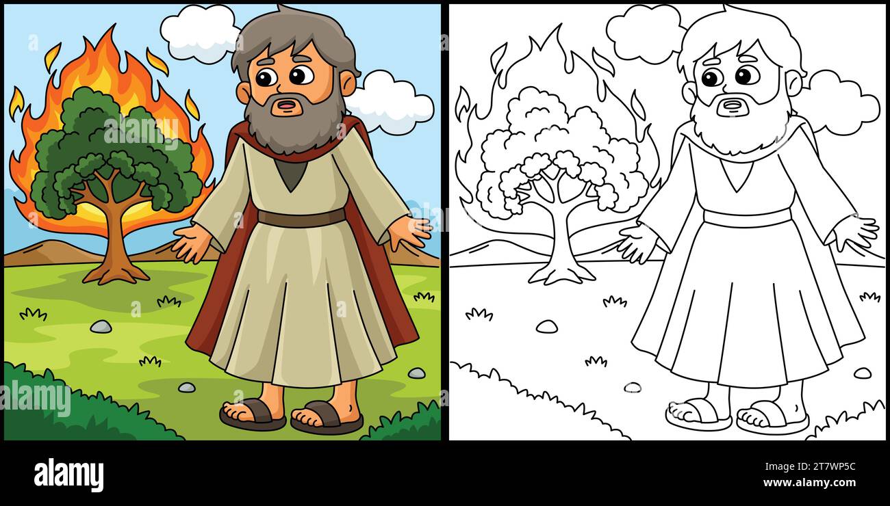 Moses and Burning Bush Coloring Page Illustration Stock Vector Image ...