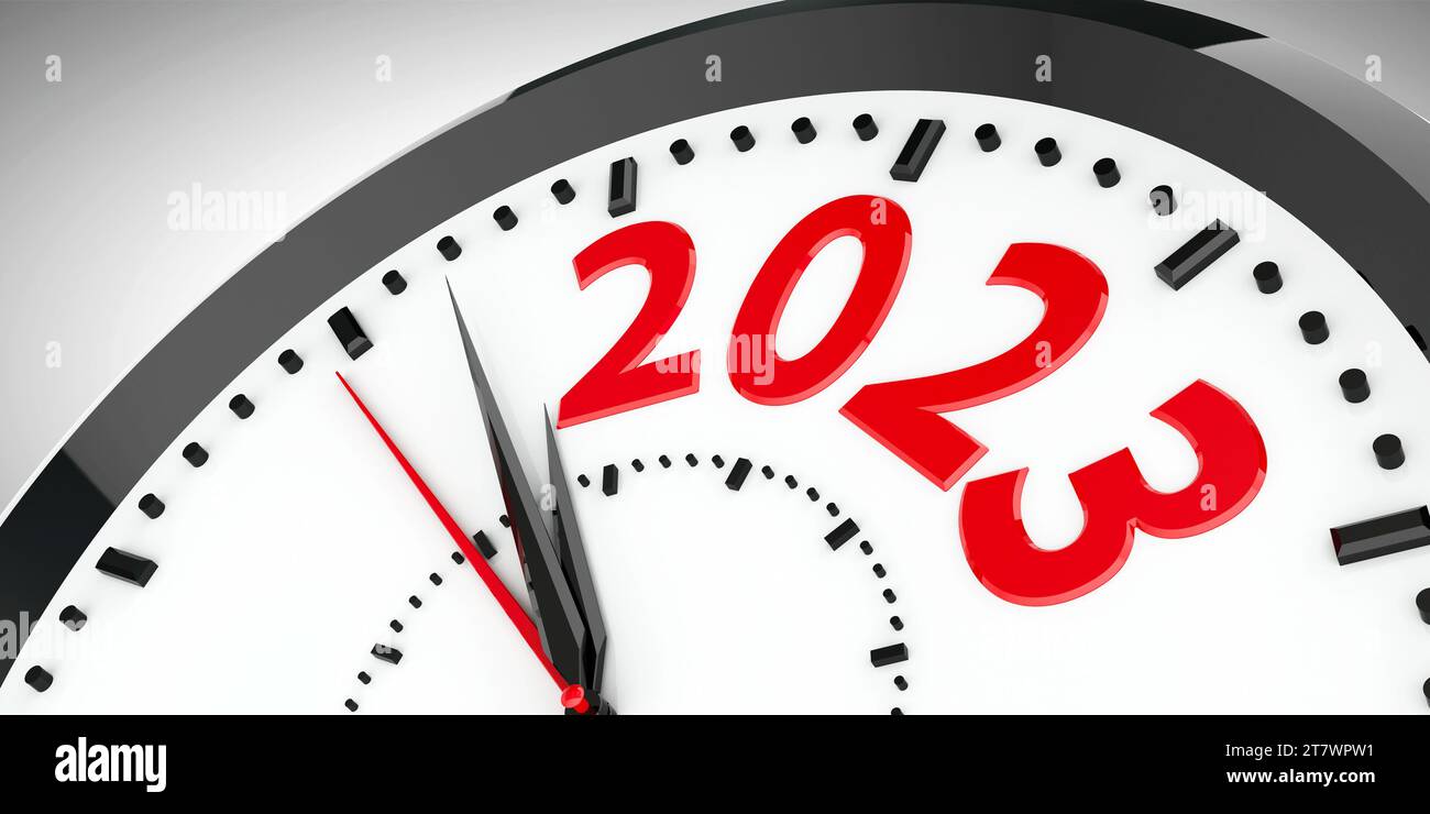 Black clock with 2023 represents coming new year 2023, three ...