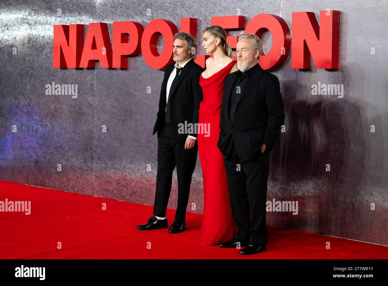 Joaquin Phoenix, from left, Vanessa Kirby and Ridley Scott pose for ...
