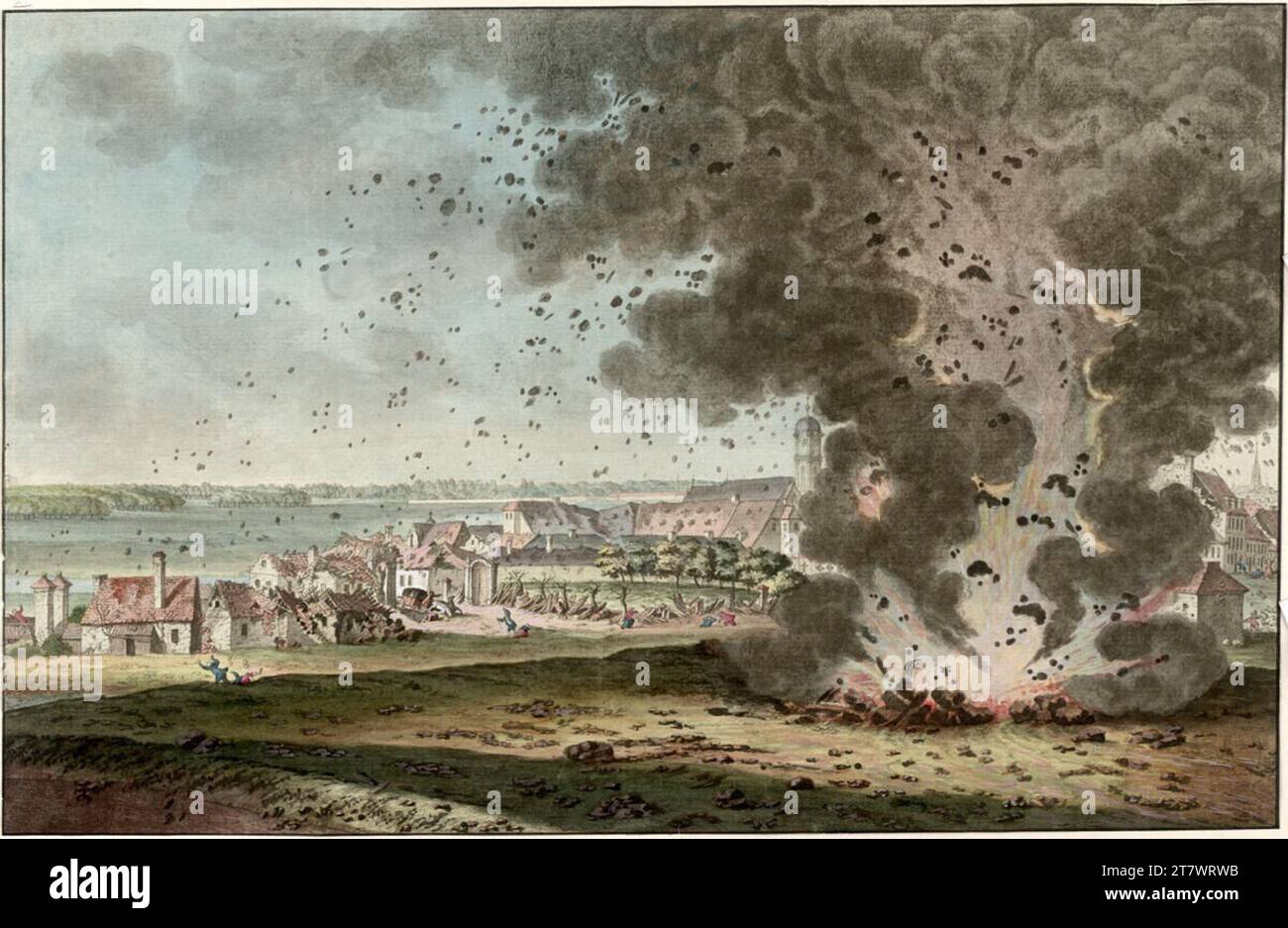 Johann Mansfeld Nussdorferlinie, Explosion. Etching, colored around ...