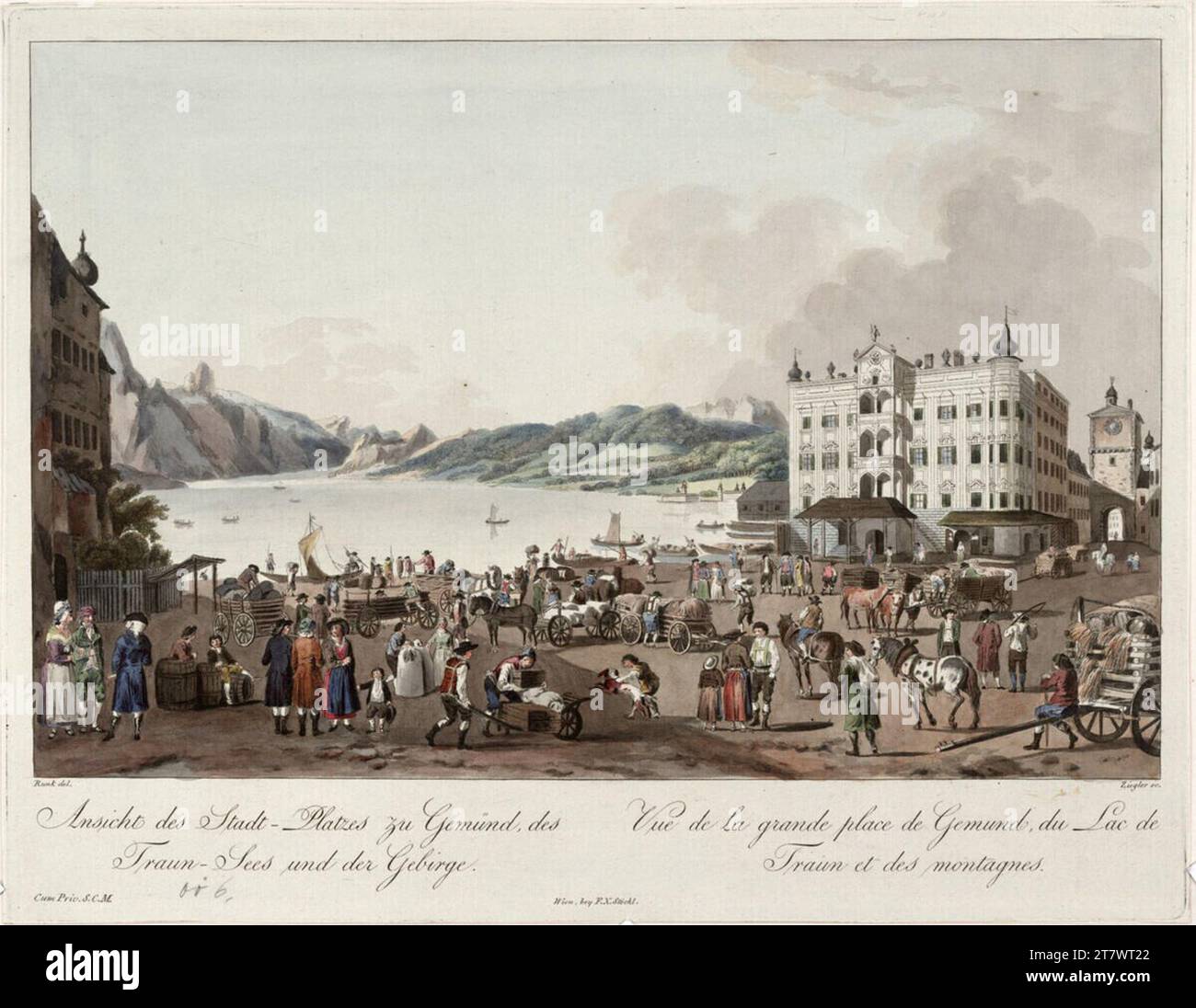 Ferdinand Runk City square in Gmunden. Etching, colored around 1810 ...