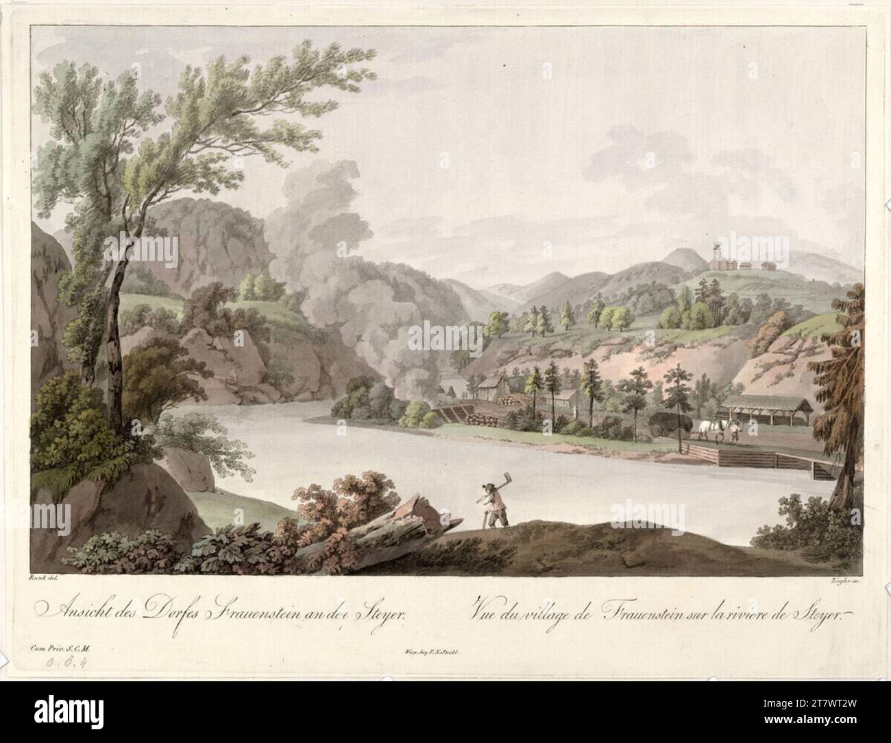 Ferdinand Runk View of Frauenstein an der Steyr. Etching, colored ...