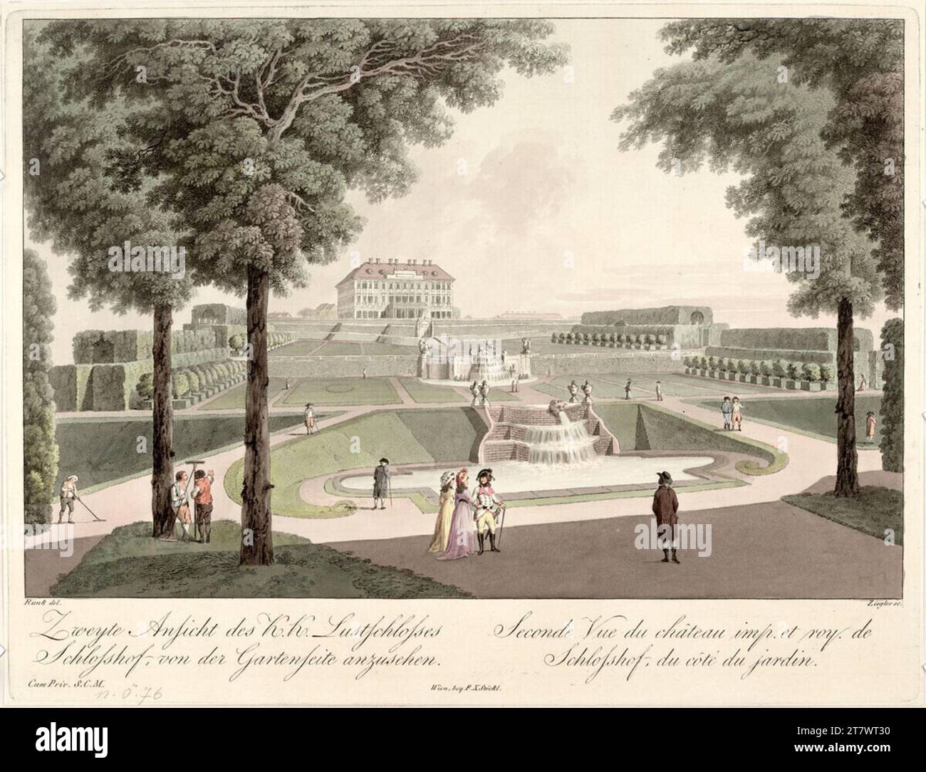 Ferdinand Runk Castle courtyard, seen from the garden. Etching, colored ...