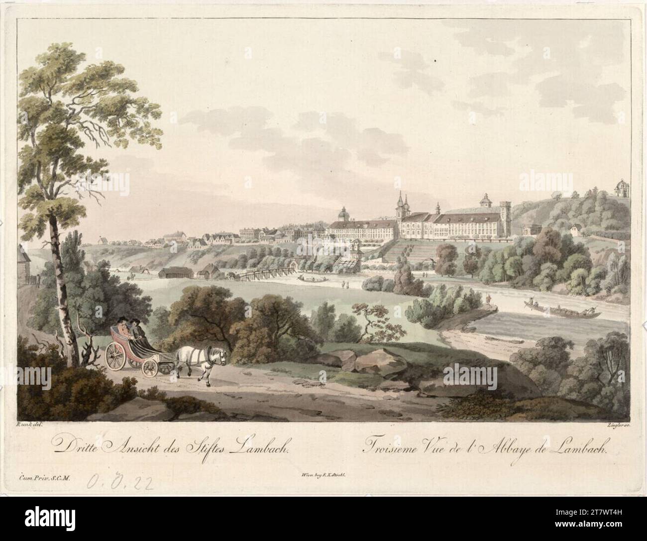 Ferdinand Runk View of the Lambach Abbey. Etching, colored around 1810 ...