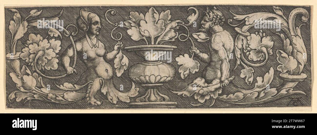 Monogrammist AC Vignette with a satyr and woman. Copper engraving print ...