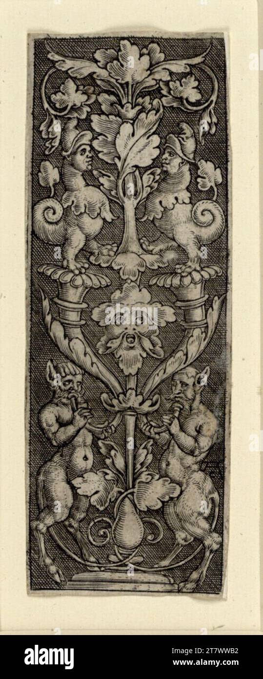 Monogrammist AC Rising ornament with two satyrs. Copper engraving print ...