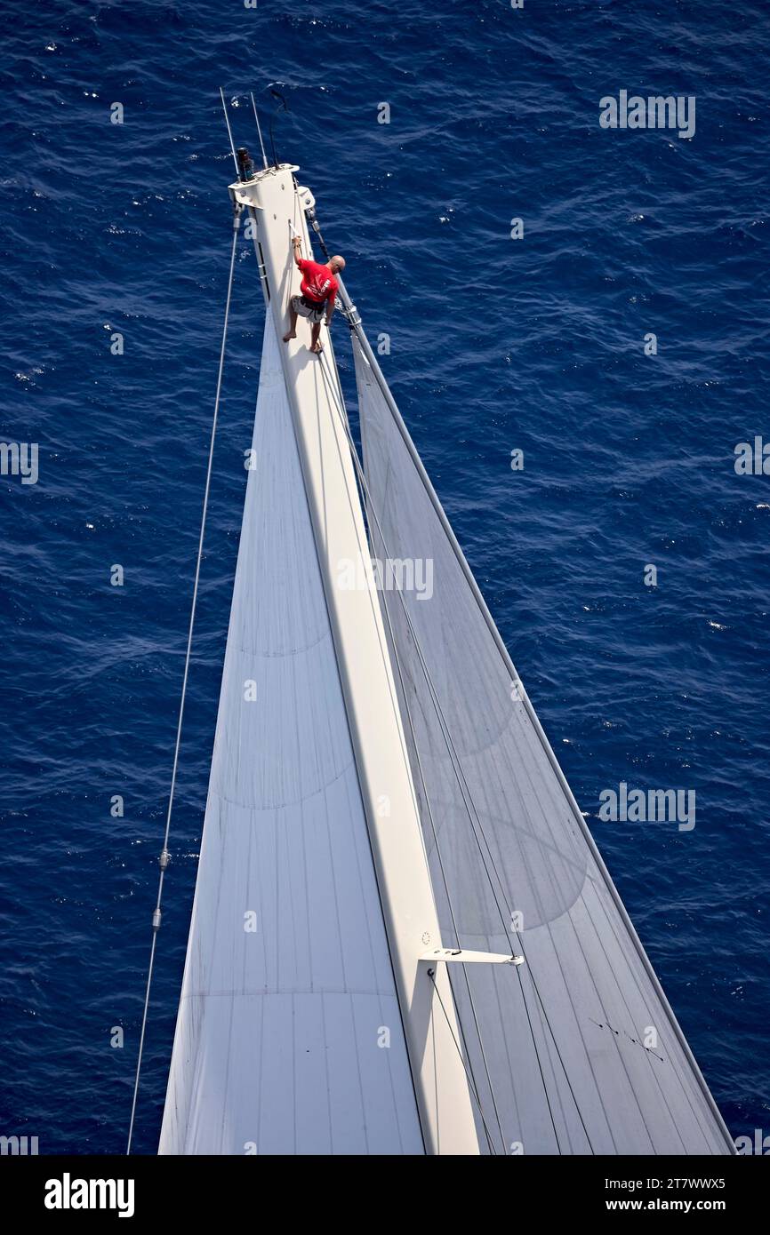 Aerial View of Crew member at the Top of a Sailing Yachts Mast with the ...