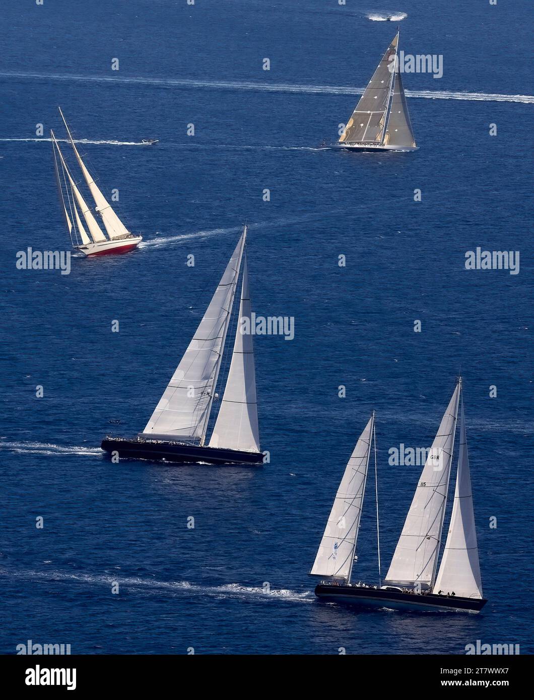 Aerial View of Sailboats Racing in Open Sea During a Sunny Daytime ...