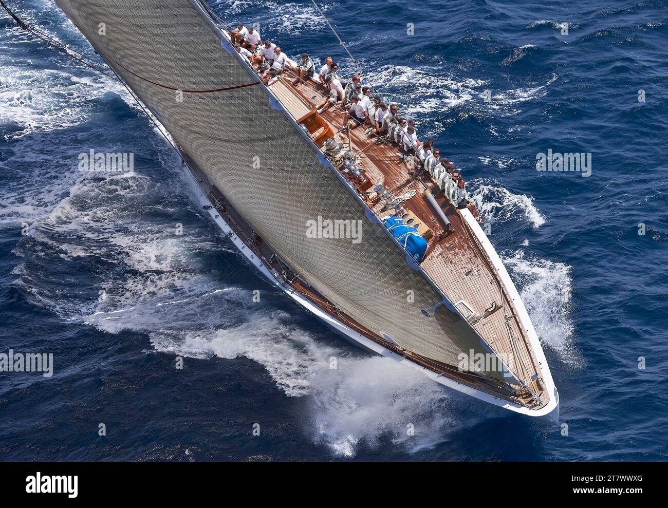 Aerial photo of J class RANGER under full sail racing in a choppy sea ...