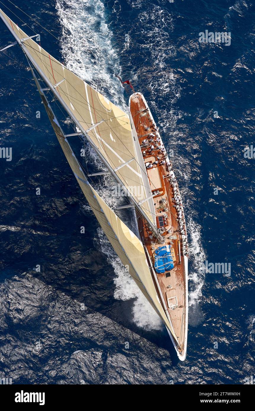 Aerial photo of J class RANGER under full sail racing in a choppy sea ...