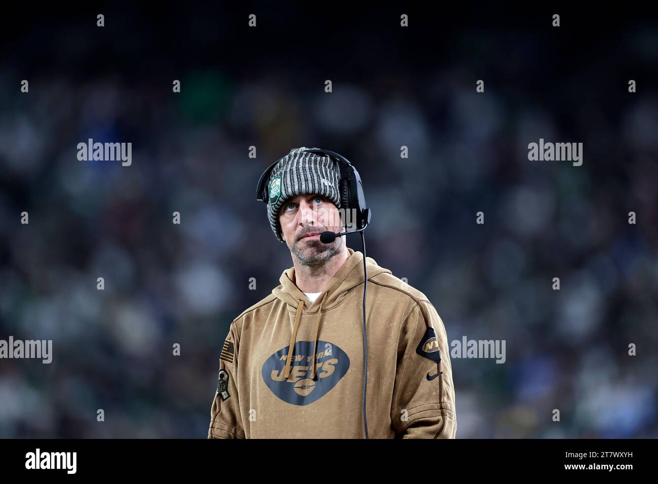 New York Jets quarterback Aaron Rodgers (8) looks on against the Los ...