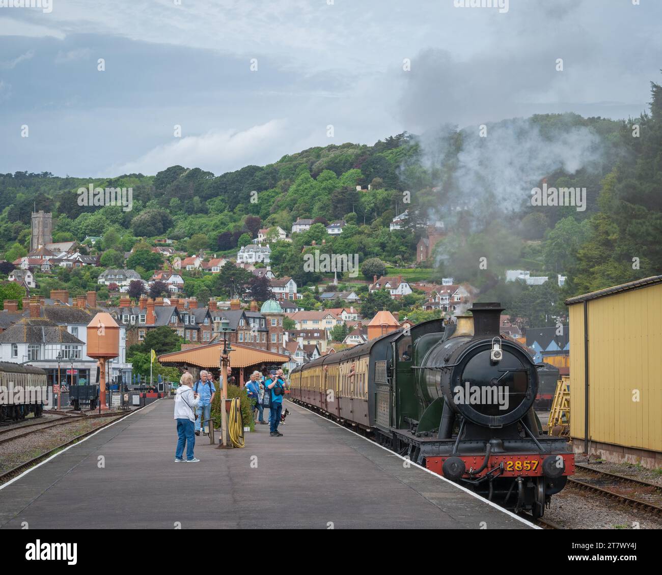 Steam locomotive 2857 on the move at Minehead Station on the West Somerset Railway in Somerset ...