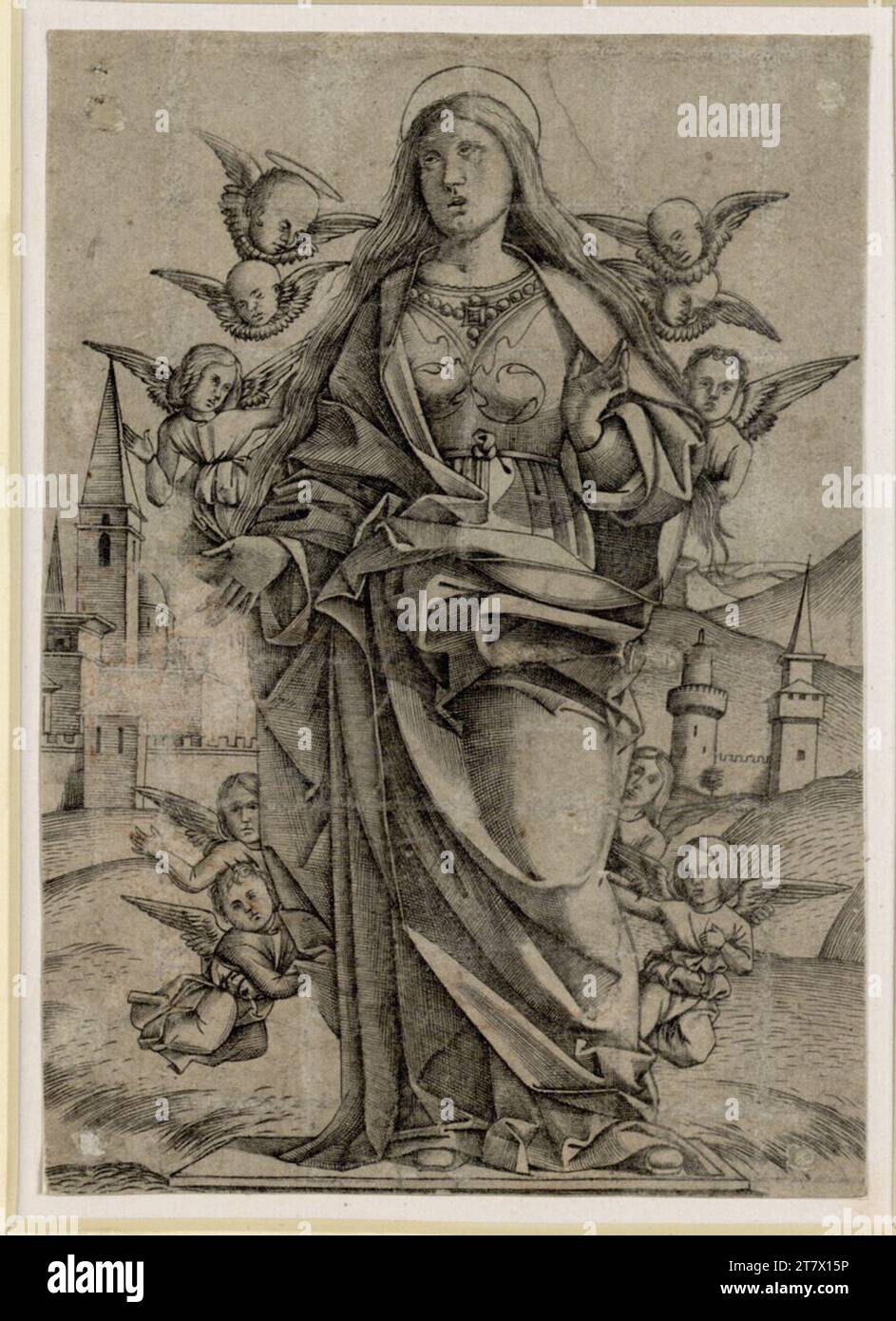 Benedetto da Montagna Maria with angels and Cherubim. Copper engraving ...