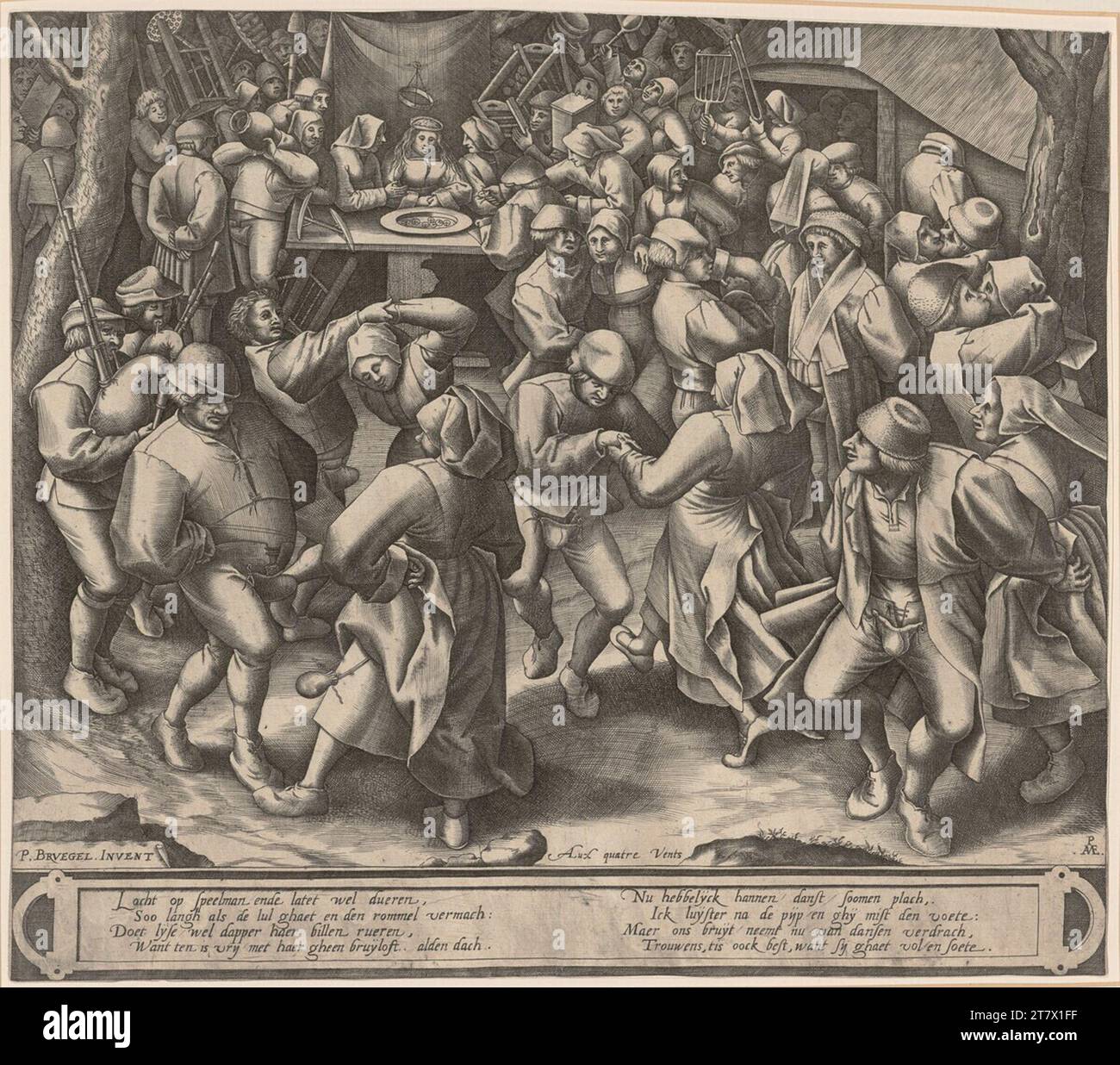 Pieter Bruegel d. Ä. The wedding dance of the farmers. Copper engraving ...
