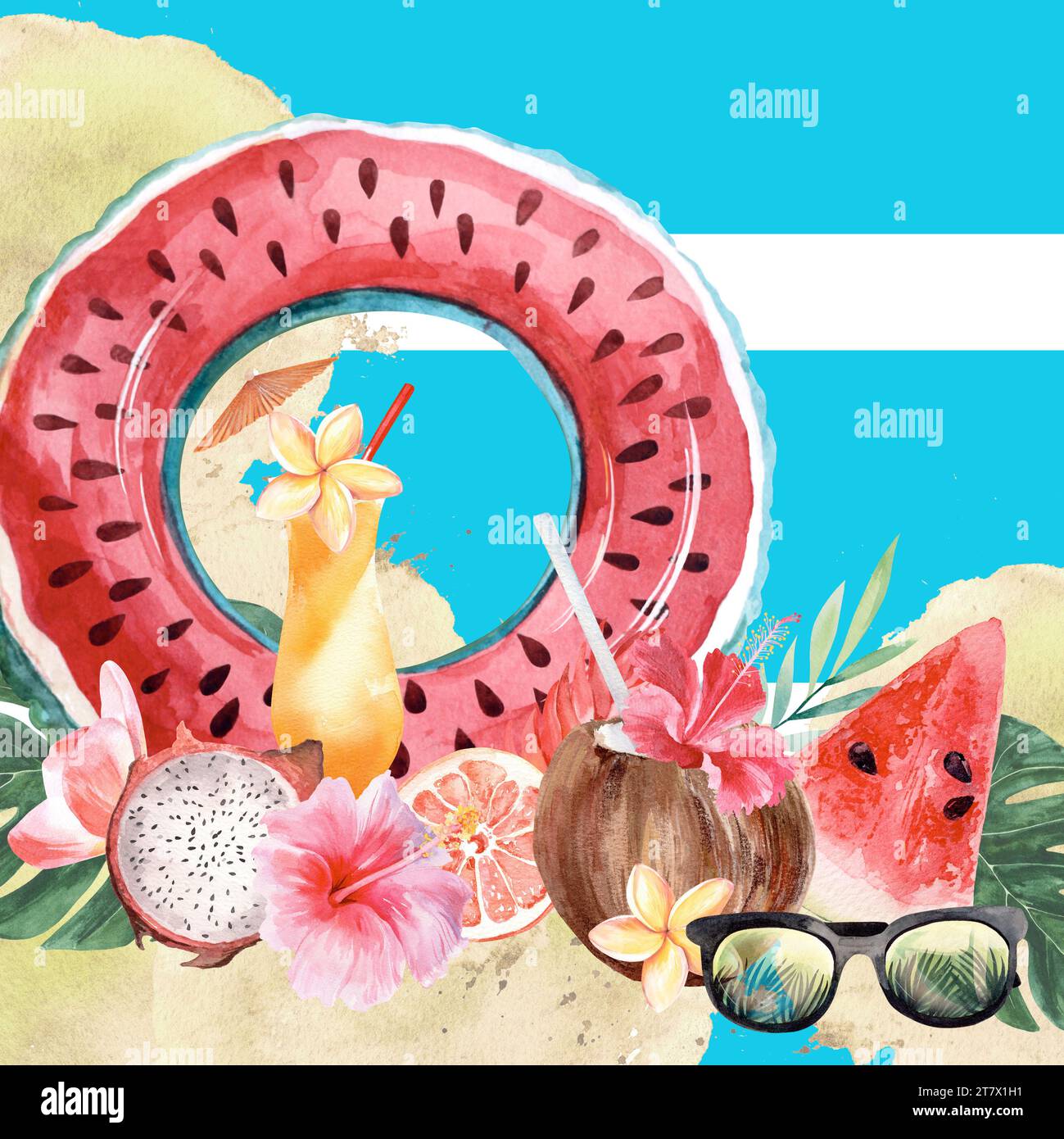 Summer vacation illustration set. Watercolor drawing. isolated object ...