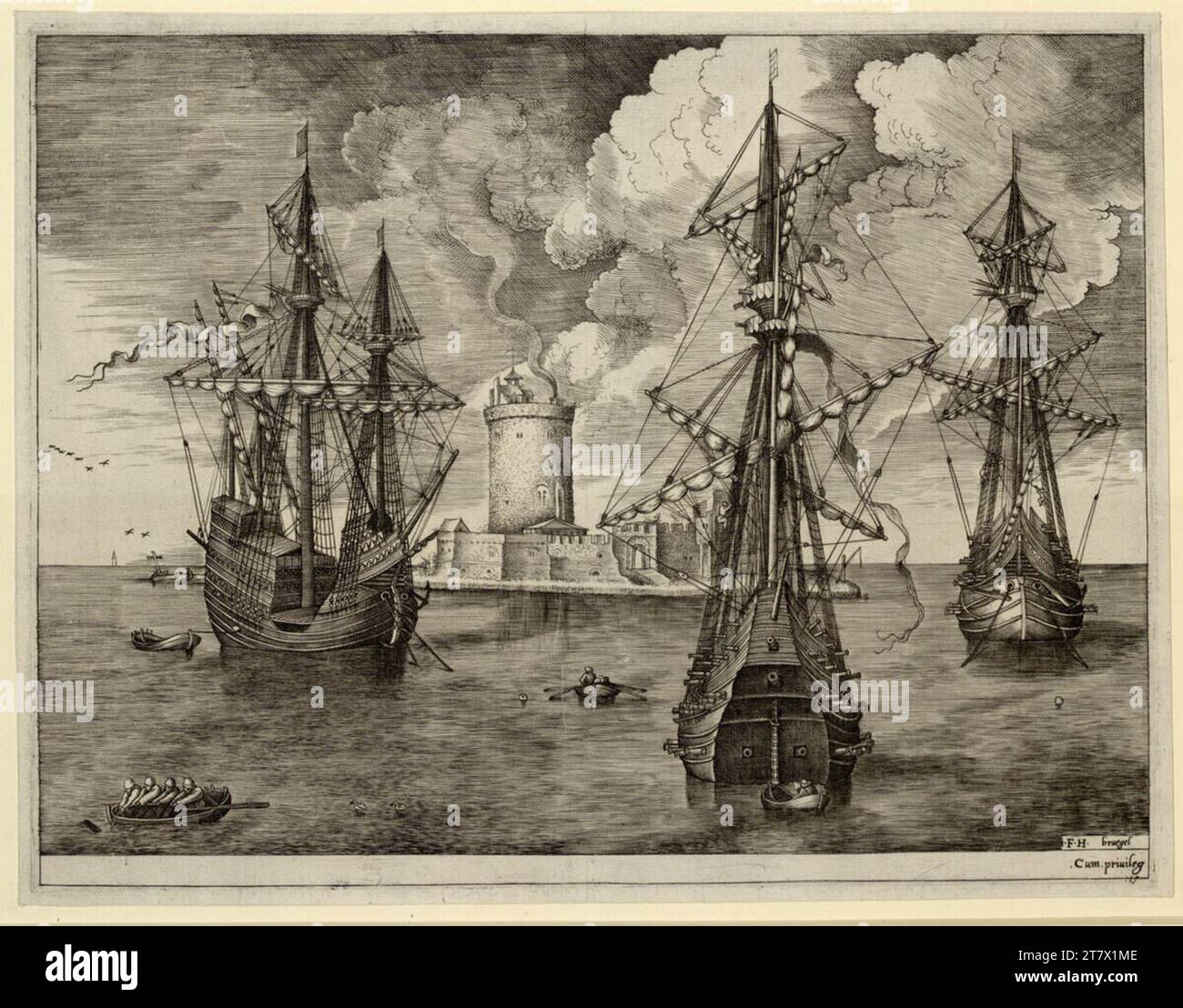 Pieter Bruegel d. Ä. Viermaster (left) and two three -masters in front ...