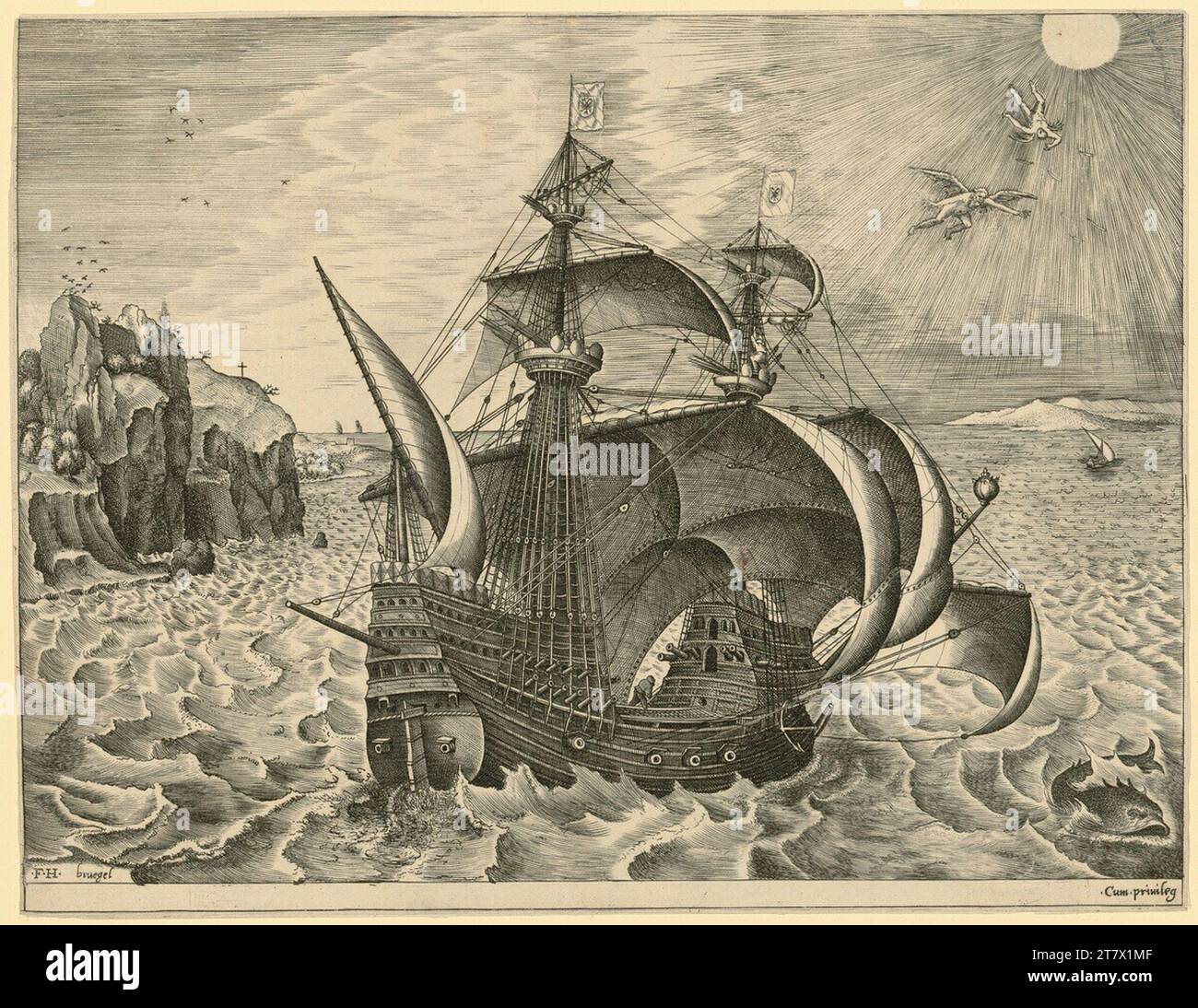 Pieter Bruegel d. Ä. Armed triad with Daedalus and Ikarus in the sky ...