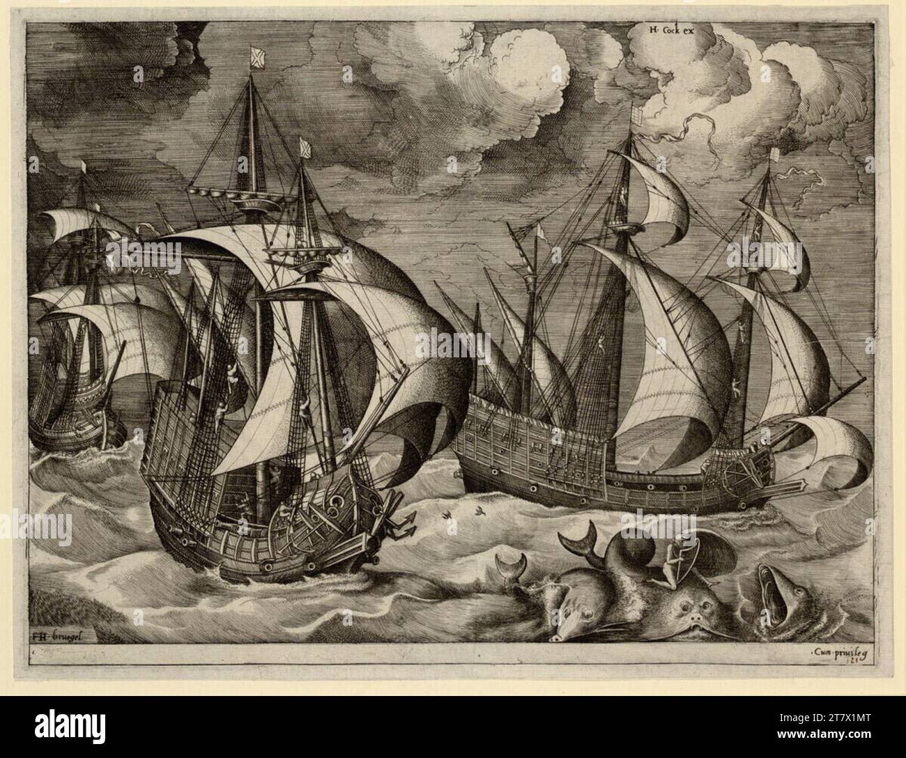 Pieter Bruegel d. Ä. Three caravels in front of a storm with Arion on a ...