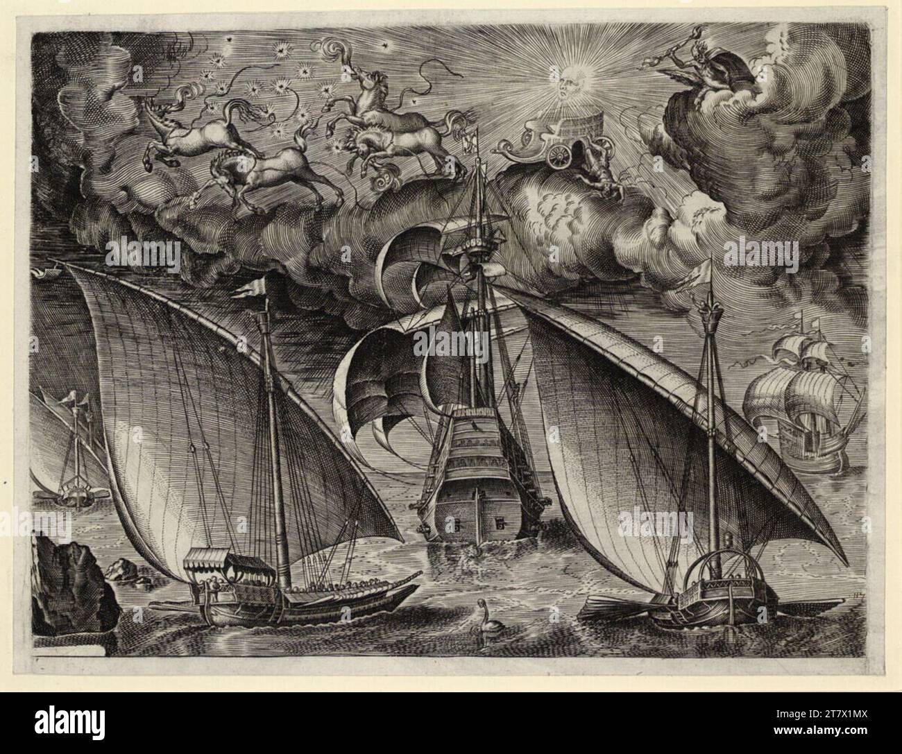 Pieter Bruegel d. Ä. Two galleys behind armed triple masters, in the ...