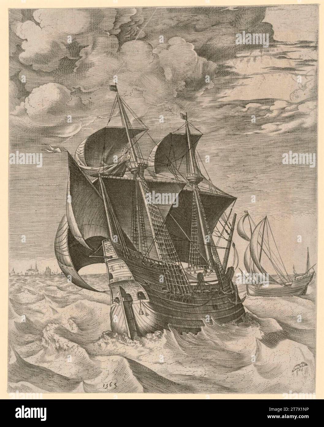 Pieter Bruegel d. Ä. Dit scip (Dutch cargo ship and boier). Copper ...