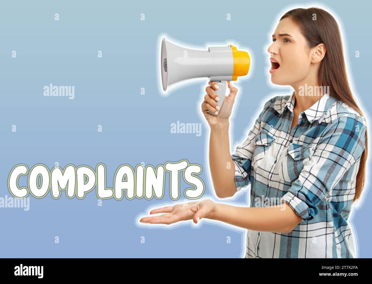 Emotional woman with megaphone and word Complaints on light blue ...