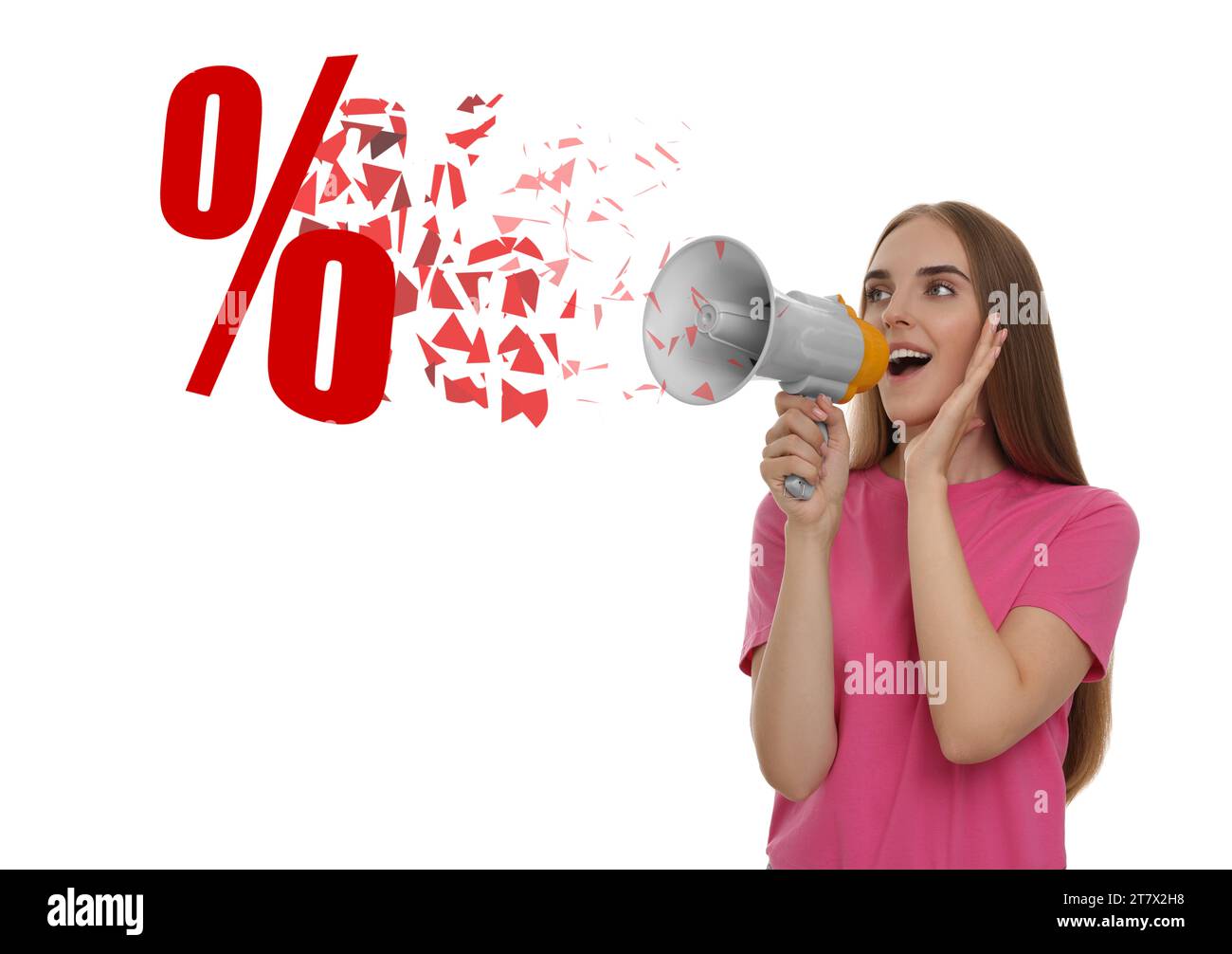 Discount offer. Woman shouting into megaphone on white background ...