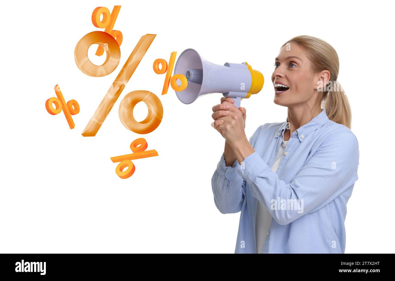 Discount offer. Woman shouting into megaphone on white background ...