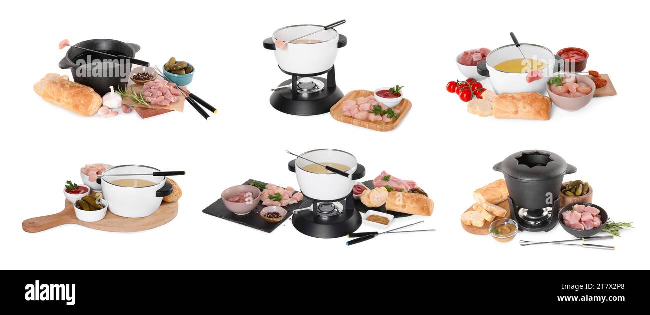 Fondue pots, raw meat and other products isolated on white, set Stock ...