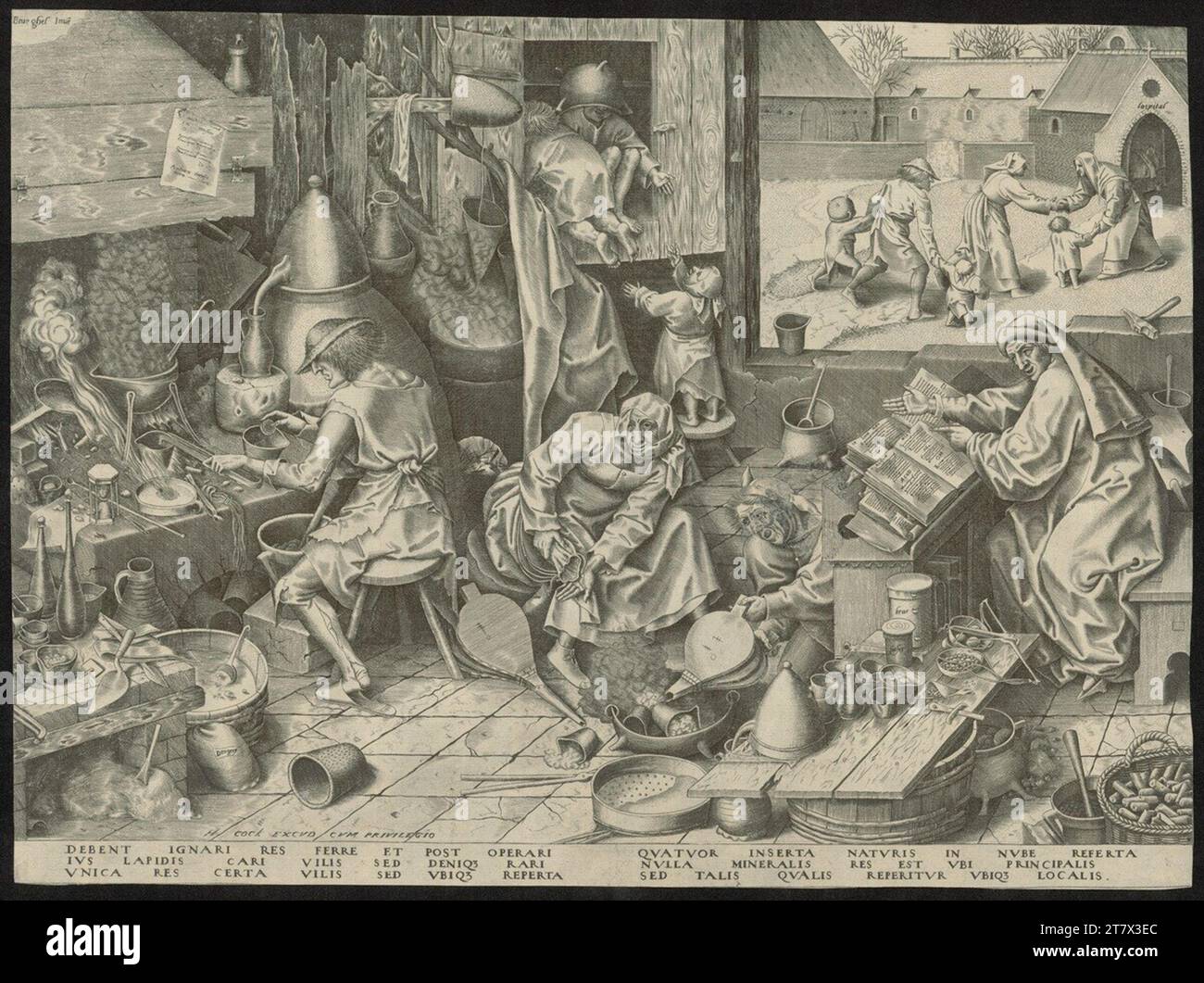 Pieter Bruegel d. Ä. The alchemist. Copper engraving print around 1558 ...