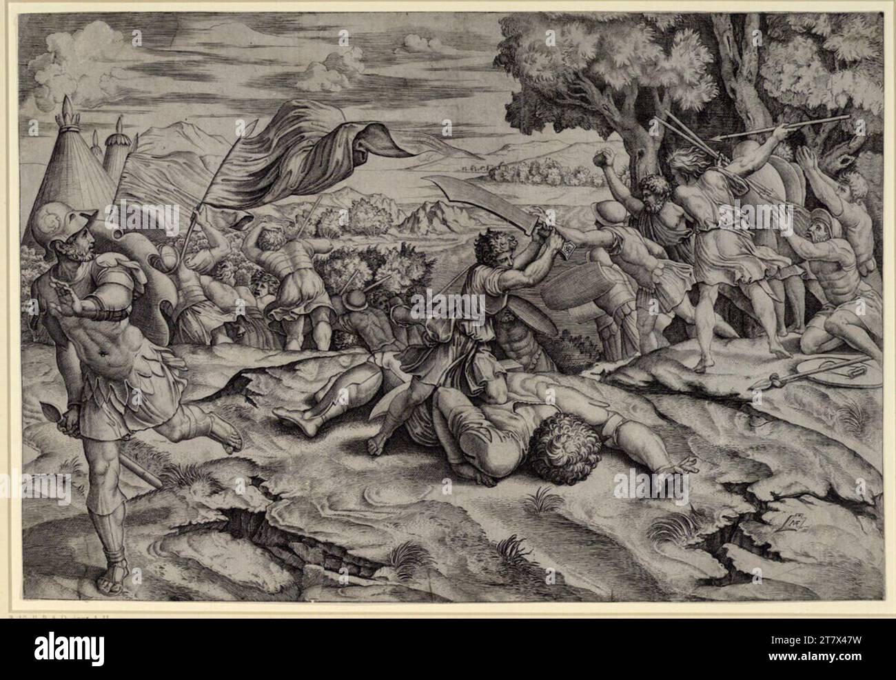 Marcantonio Raimondi David and Goliath. Copper engraving print around ...