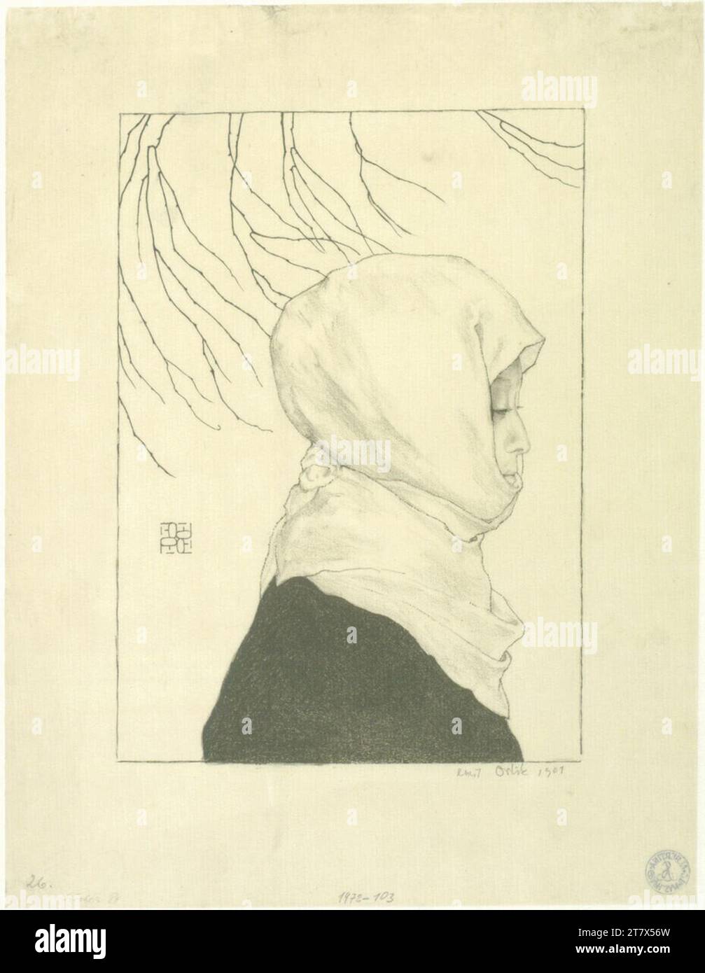 Emil Orlik Profile portrait of a Japanese woman. Lithograph in dark ...