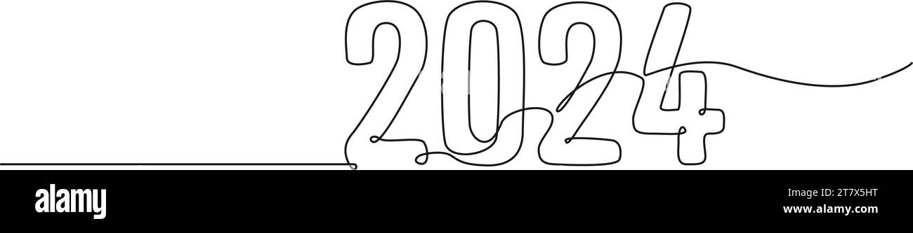 continuous single line drawing of year 2024, new year line art vector ...