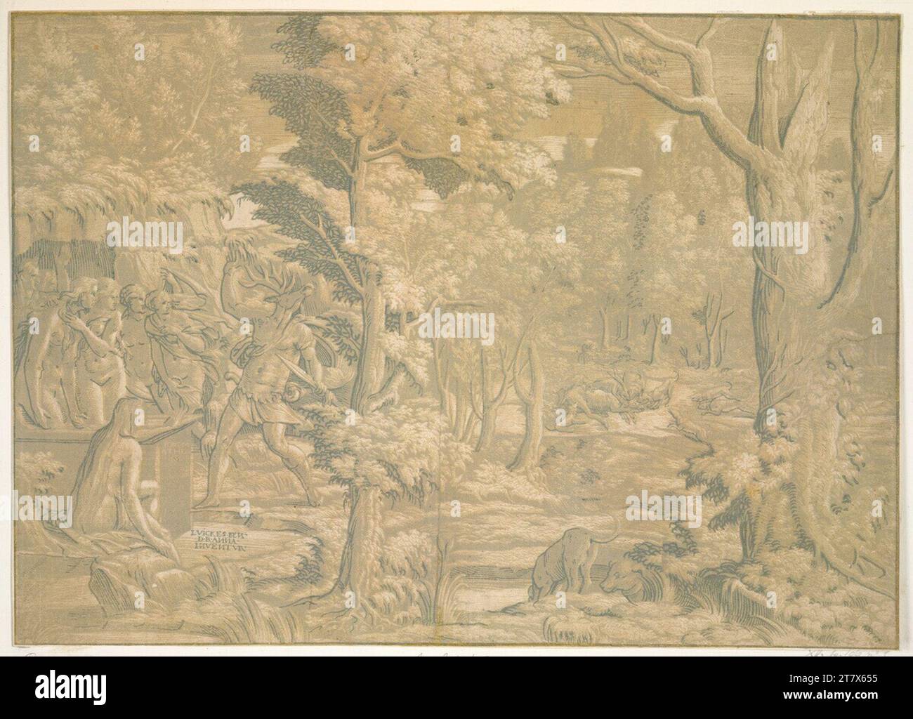 Georg Matheus Diana and Actaeon. Clair OBSCUR woodcut in three plates ...