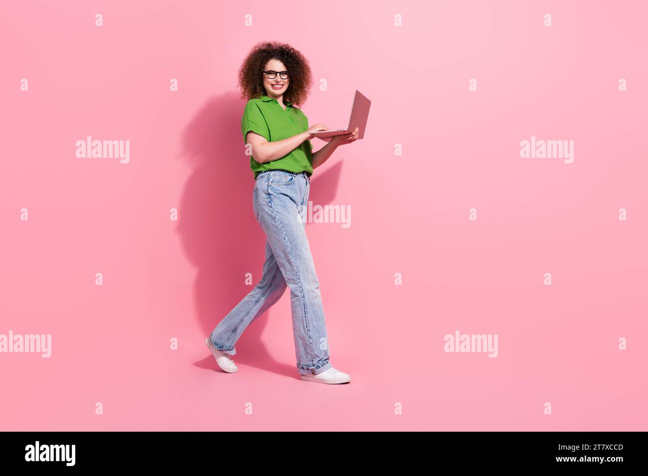 Full length photo of lovely successful girl dressed trendy clothes ...