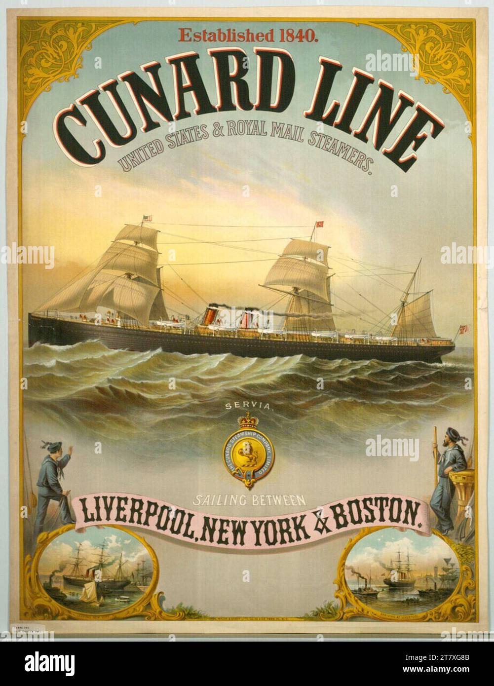 Anonym CUNARD LINE; LIVERPOOL, NEW YORK & BOSTON.. Color around 1890 ...