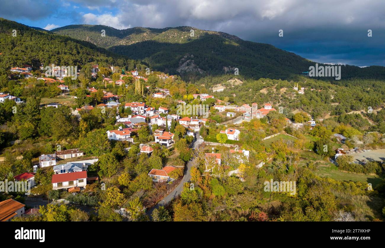 Aerial drone view of Pano Platres village, Limassol district, Republic ...