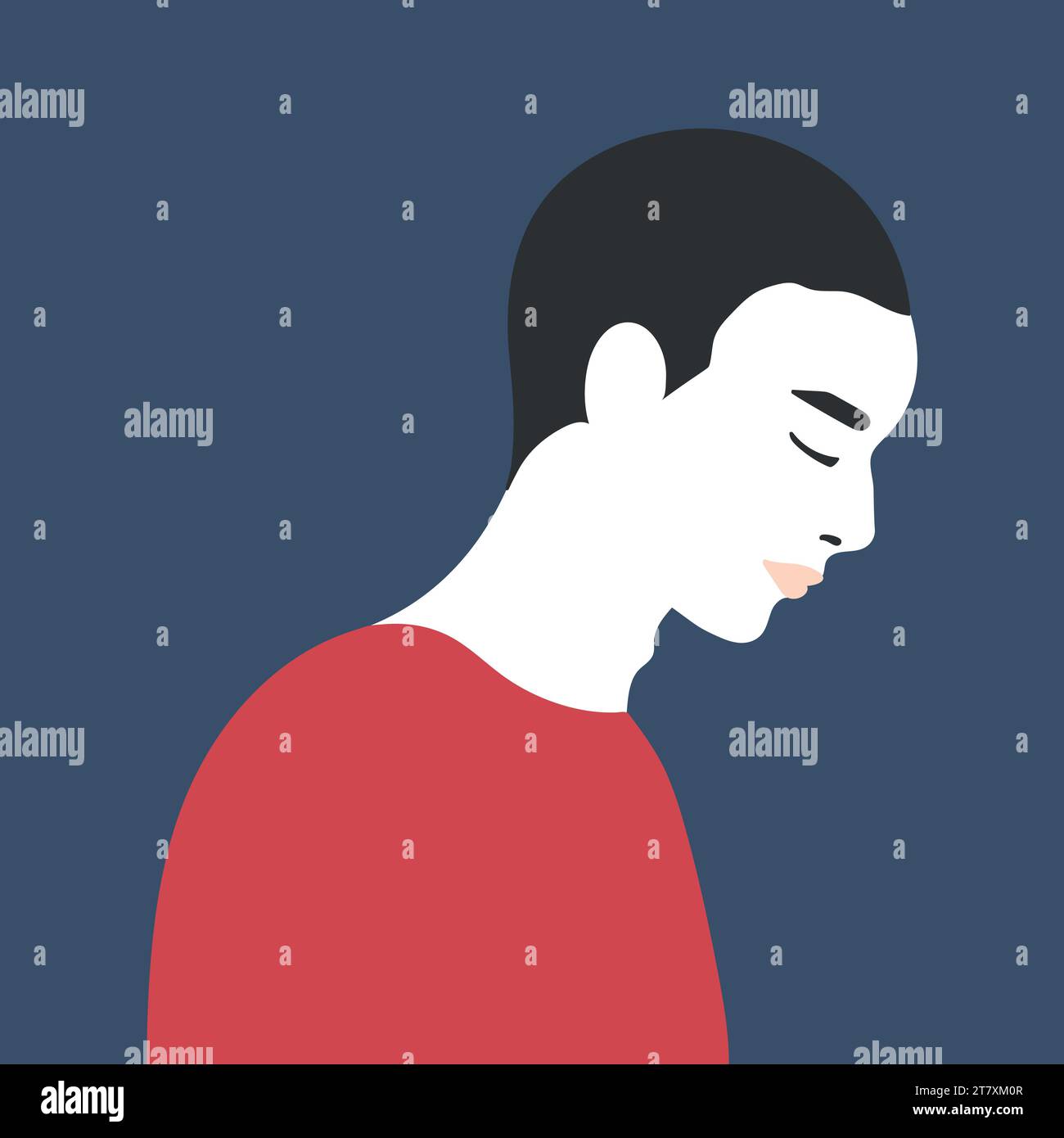 Portrait of sad young man. A sad guy stands with his head down. Vector ...